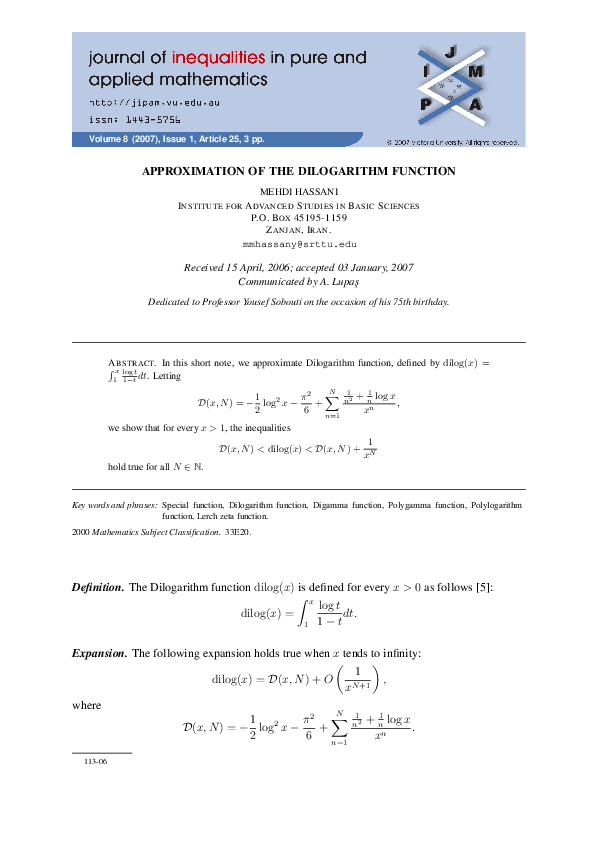 (PDF) Approximation of the dilogarithm function