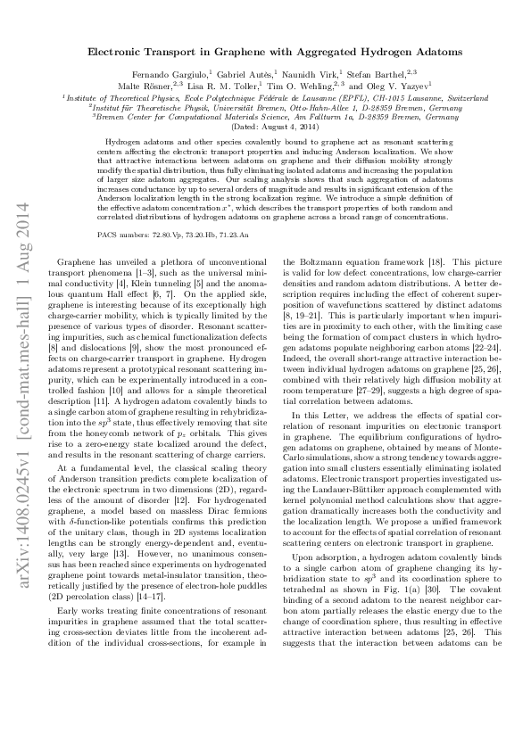 (PDF) Electronic Transport in Graphene with Aggregated Hydrogen Adatoms