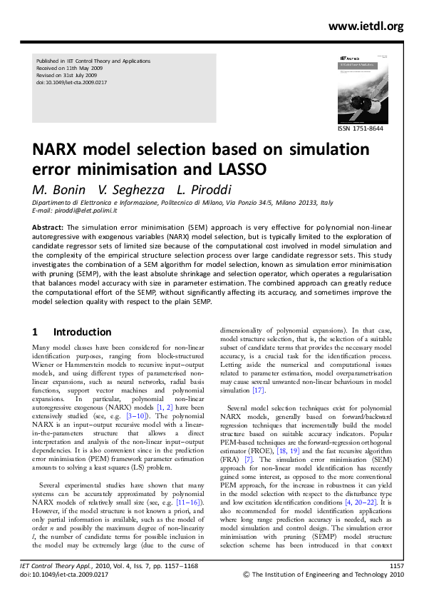 (PDF) NARX model selection based on simulation error minimisation and LASSO
