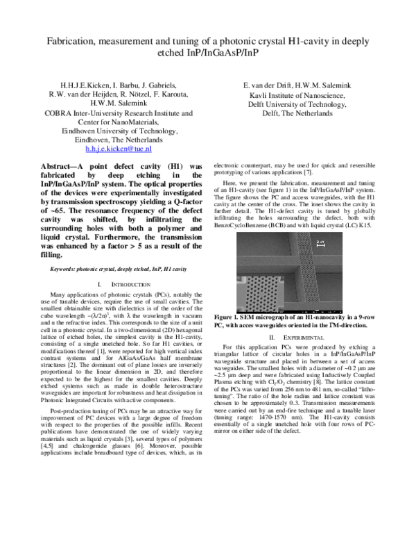 (PDF) Fabrication, measurement and tuning of a photonic crystal H1-cavity in deeply etched InP ...