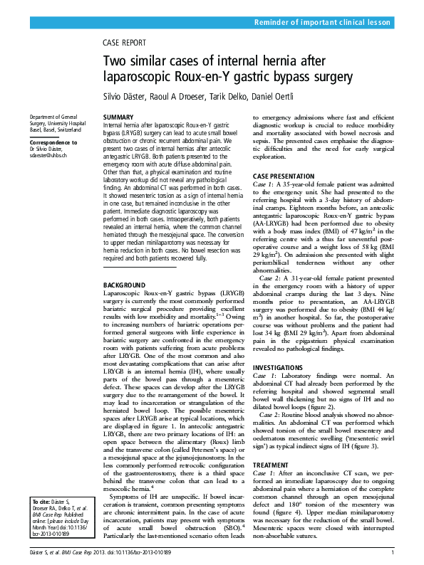 (PDF) Two similar cases of internal hernia after laparoscopic Roux-en-Y ...