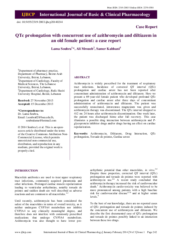 (PDF) QTc prolongation with concurrent use of azithromycin and ...