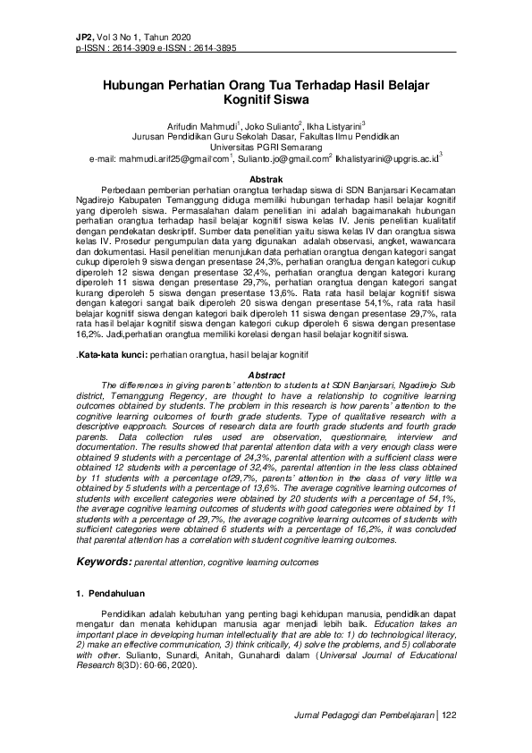 (PDF) Hubungan Perhatian Orang Tua Terhadap Hasil Belajar Kognitif Siswa