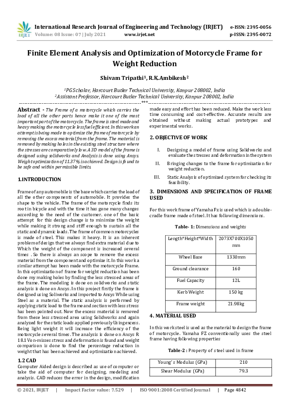 (PDF) IRJET- Finite Element Analysis and Optimization of Motorcycle ...