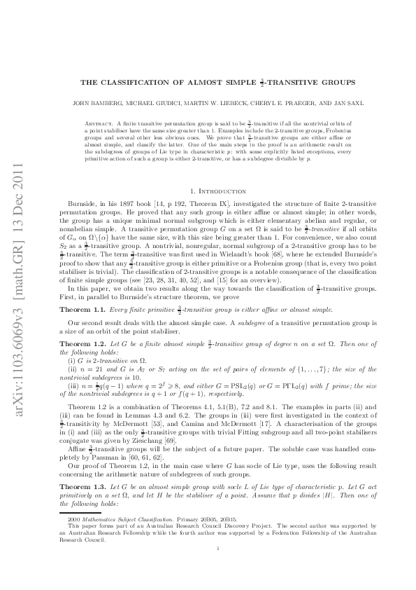 (PDF) The classification of almost simple $\ tfrac {3}{2} $-transitive groups