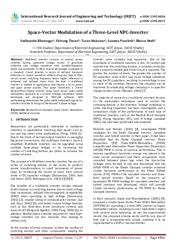 (PDF) IRJET- Space-Vector Modulation of a Three-Level NPC-Inverter
