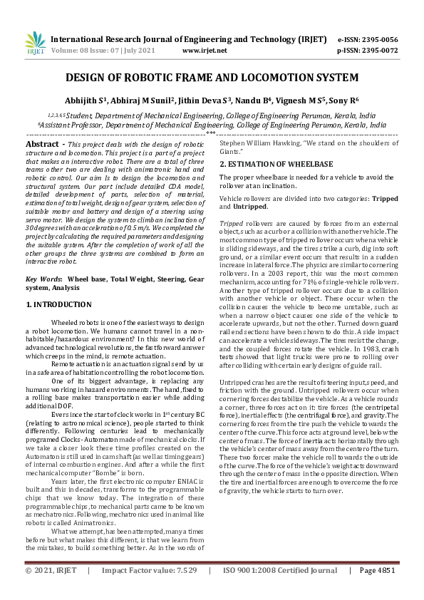 (PDF) IRJET- DESIGN OF ROBOTIC FRAME AND LOCOMOTION SYSTEM | IRJET ...