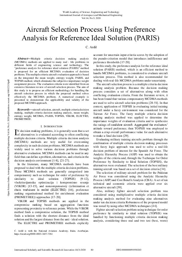 (PDF) Aircraft Selection Process Using Preference Analysis for Reference Ideal Solution (PARIS)