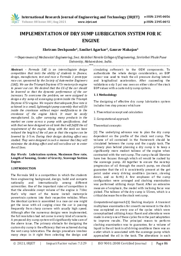 (PDF) IRJET- IMPLEMENTATION OF DRY SUMP LUBRICATION SYSTEM FOR IC ENGINE