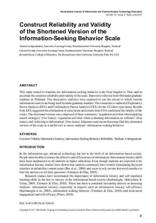 (PDF) Construct Reliability and Validity of the Shortened Version of ...