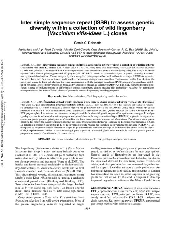 (PDF) Inter simple sequence repeat (ISSR) to assess genetic diversity within a collection of ...