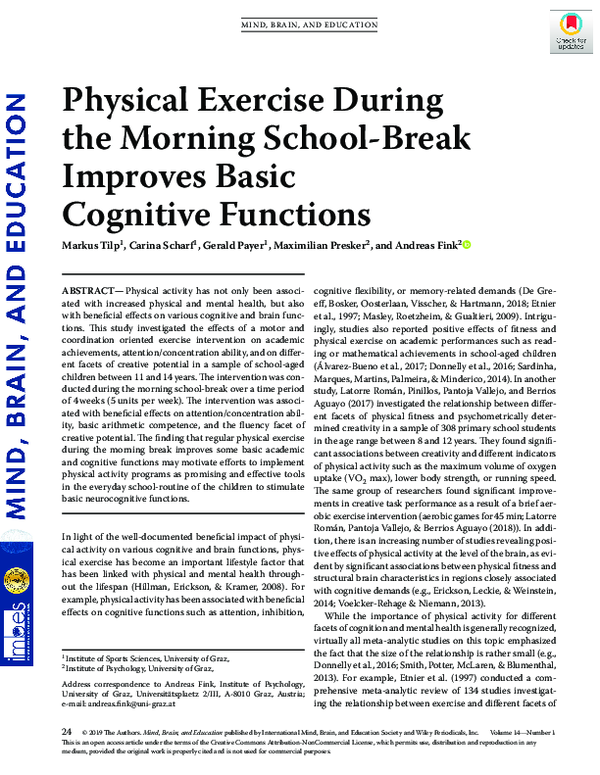 (PDF) Physical Exercise During the Morning School‐Break Improves Basic Cognitive Functions