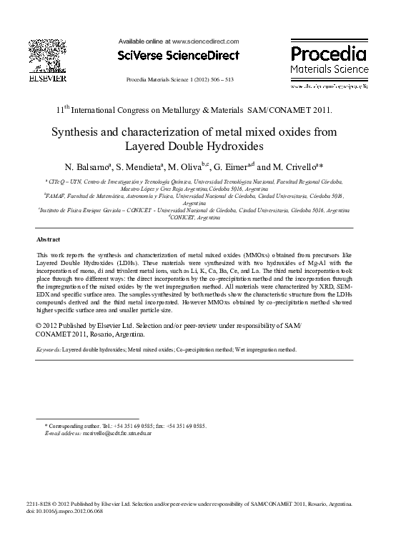 (PDF) Synthesis and Characterization of Metal Mixed Oxides from Layered Double Hydroxides