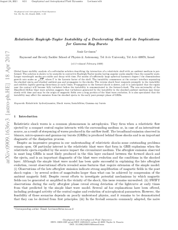 (PDF) Relativistic Rayleigh–Taylor instability of a decelerating shell and its implications for ...