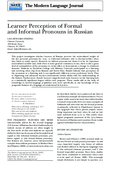 (PDF) Learner Perception of Formal and Informal Pronouns in Russian