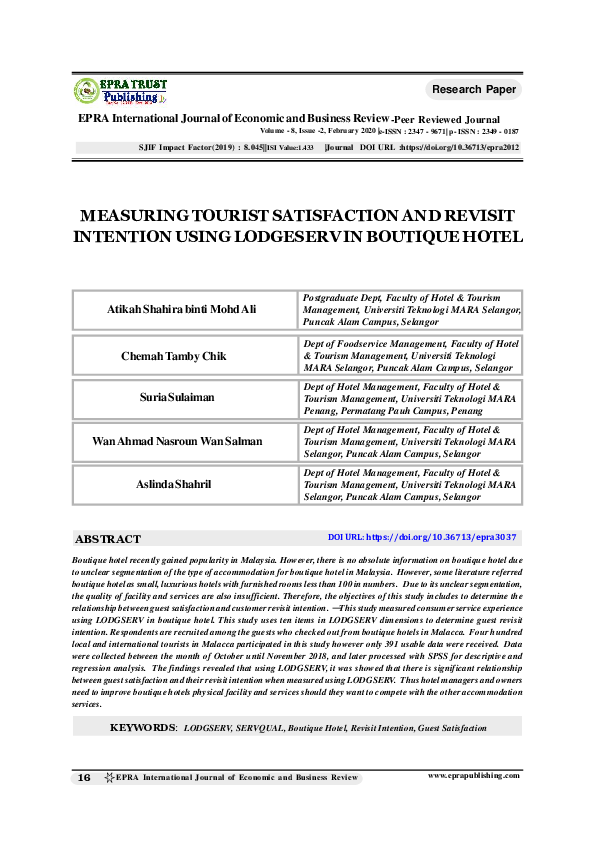 (PDF) Measuring Tourist Satisfaction and Revisit Intention Using ...