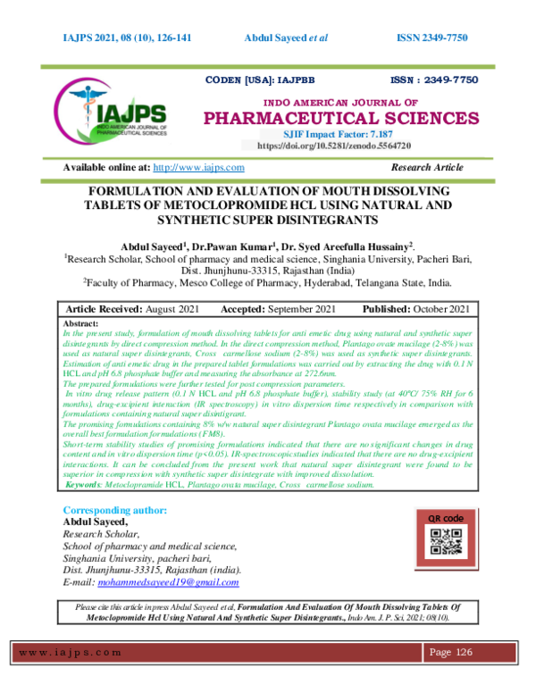 Pdf Formulation And Evaluation Of Mouth Dissolving Tablets Of Metoclopromide Hcl Using Natural