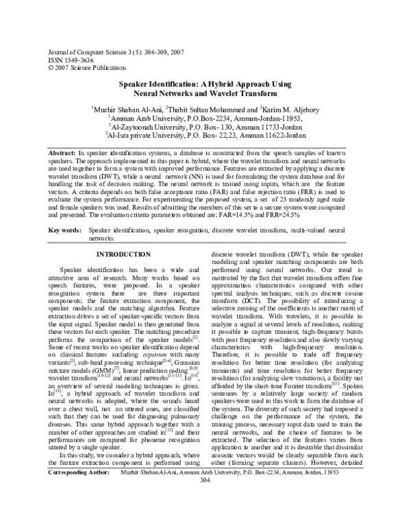 Pdf Speaker Identification A Hybrid Approach Using Neural Networks And Wavelet Transform