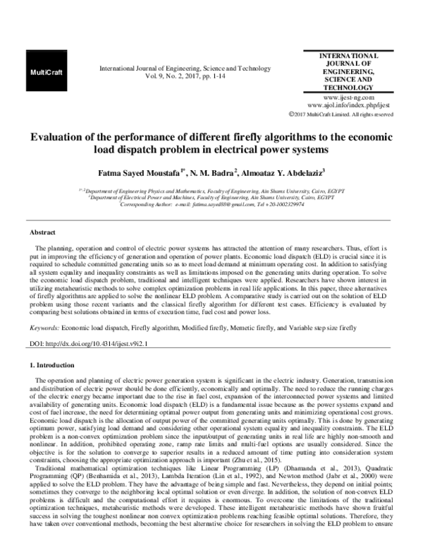 Pdf Evaluation Of The Performance Of Different Firefly Algorithms To The Economic Load 