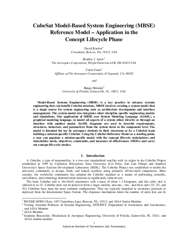 (PDF) MBSE Reference Model for CubeSat Lifecycle