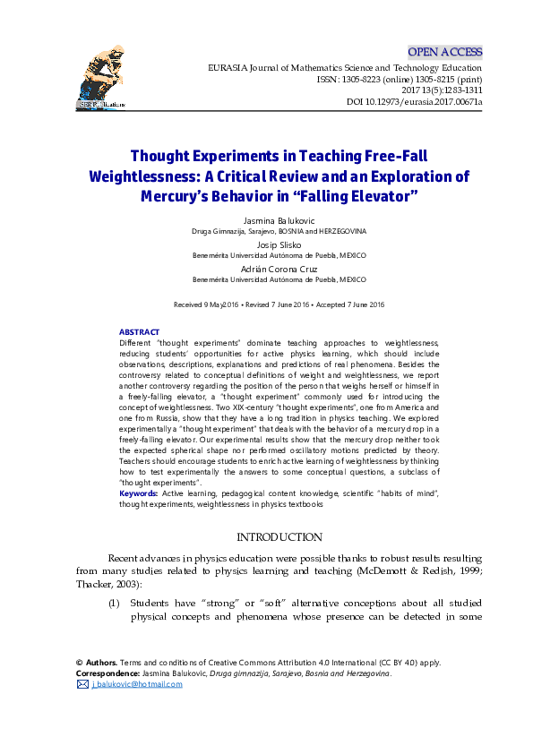(PDF) Thought Experiments in Teaching Free-Fall Weightlessness: A ...
