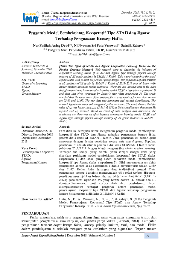 (PDF) Pengaruh Model Pembelajaran Kooperatif Tipe STAD dan Jigsaw Terhadap Penguasaan Konsep Fisika