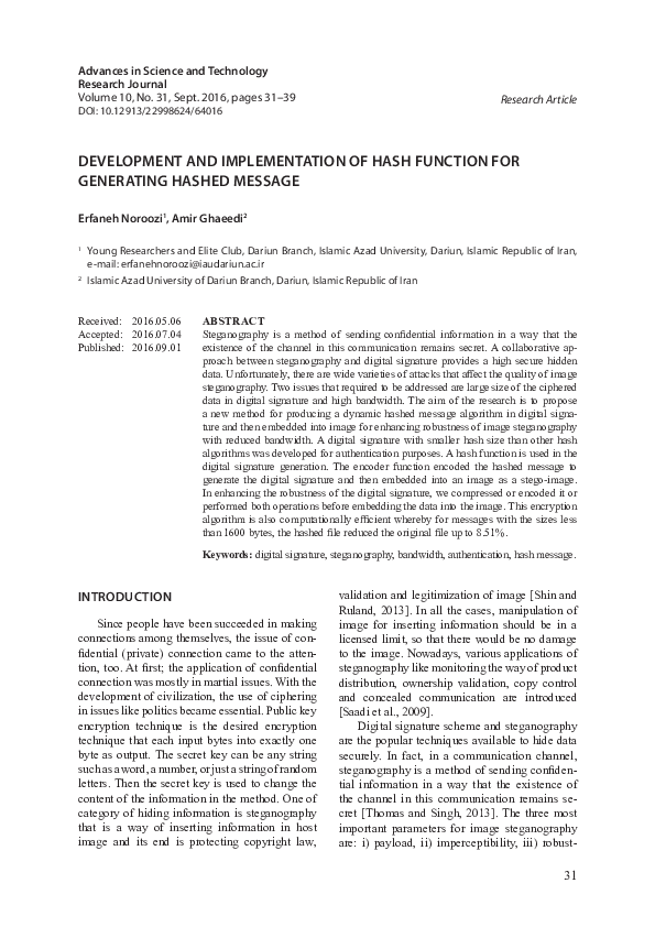 (PDF) Development and Implementation of Hash Function for Generating ...