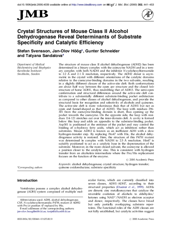 (PDF) Crystal structures of mouse class II alcohol dehydrogenase reveal ...