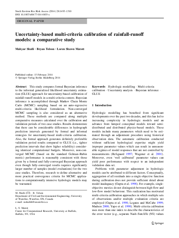(PDF) Uncertainty-based multi-criteria calibration of rainfall-runoff models: a comparative study