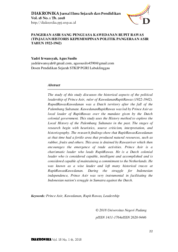 (PDF) Pangeran Asir Sang Penguasa Kawedanan Rupit Rawas (Tinjauan ...