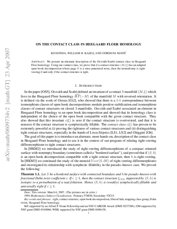 (PDF) On the contact class in Heegaard Floer homology