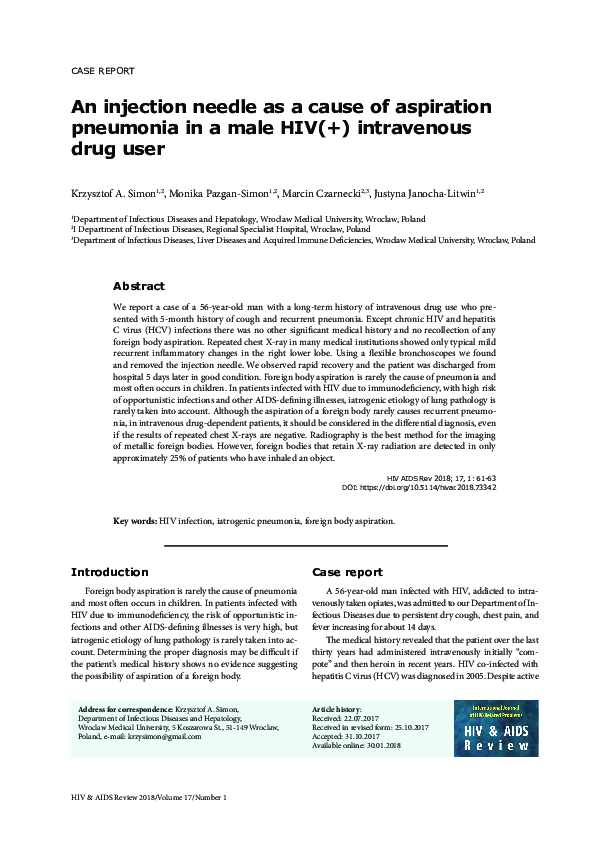 (PDF) An injection needle as a cause of aspiration pneumonia in a male ...