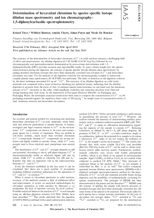 Pdf Determination Of Hexavalent Chromium By Species Specific Isotope Dilution Mass