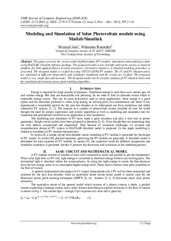 (PDF) Modeling and Simulation of Solar Photovoltaic Module Using Matlab/Simulink