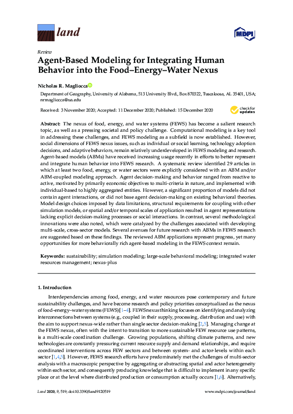 (PDF) Agent-Based Modeling for Integrating Human Behavior into the Food–Energy–Water Nexus