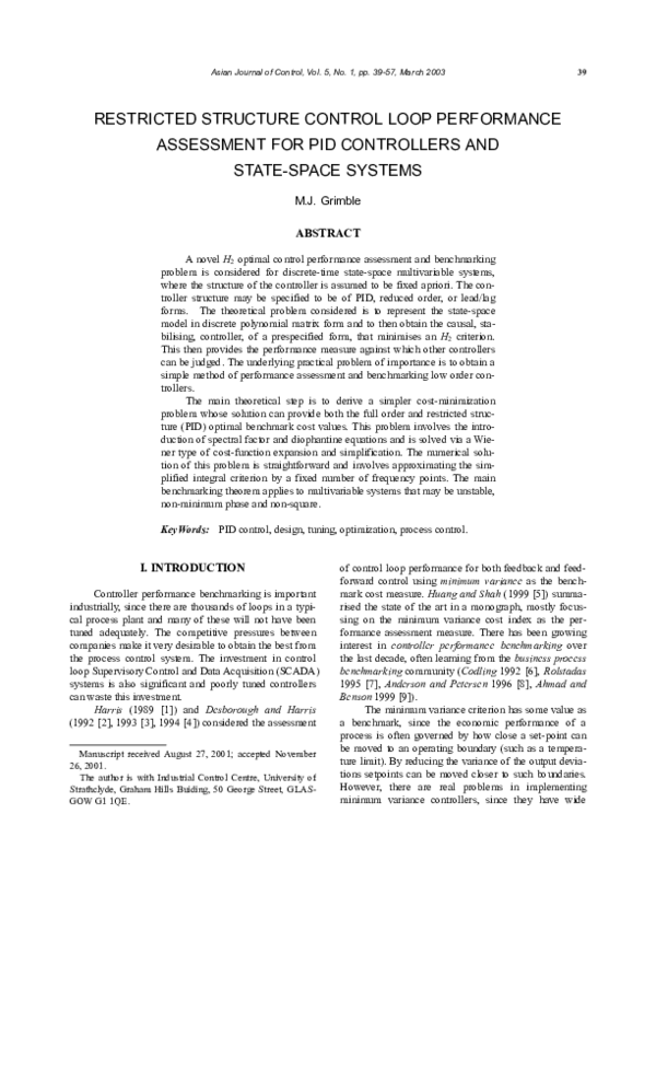 (PDF) Restricted Structure Control Loop Performance Assessment For Pid Controllers And State ...