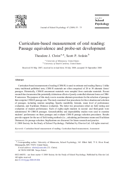 (PDF) Curriculum-based measurement of oral reading: Passage equivalence and probe-set development