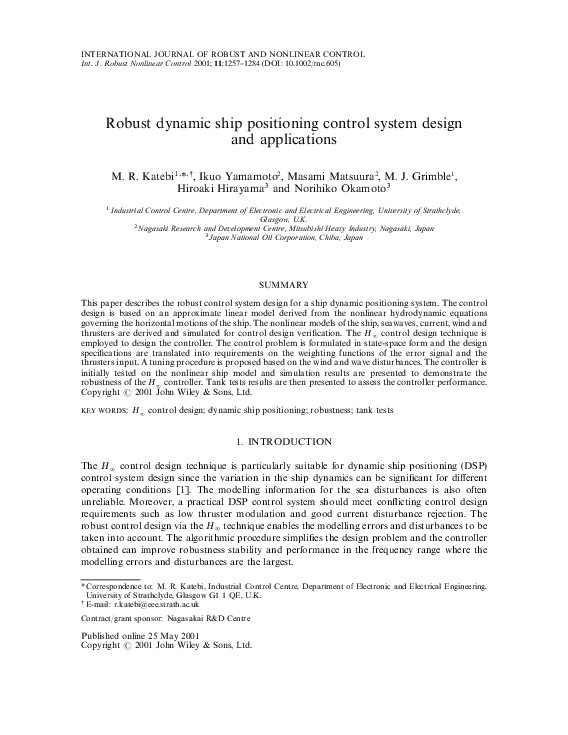 Pdf Robust Dynamic Ship Positioning Control System Design And Applications