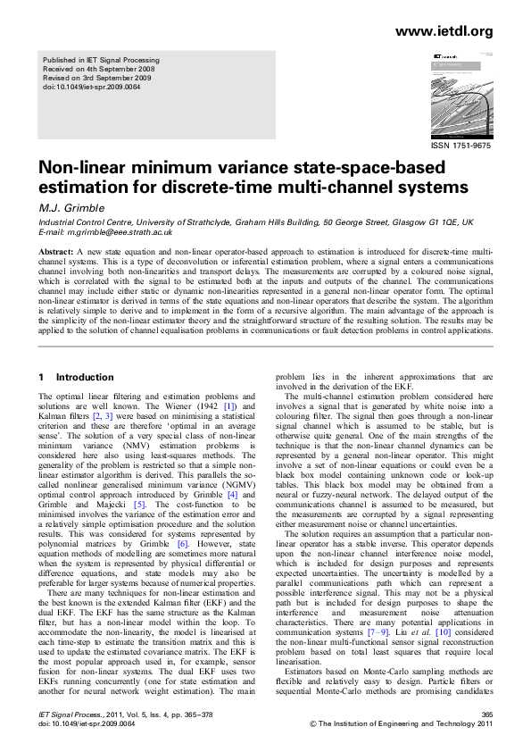 Pdf Non Linear Minimum Variance State Space Based Estimation For
