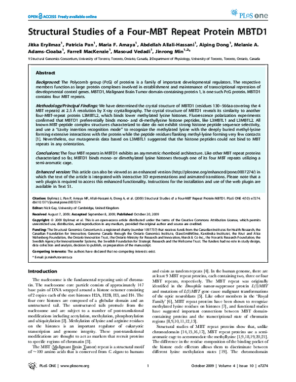 (PDF) Crystal Structure of MBTD1: A Four-MBT Protein