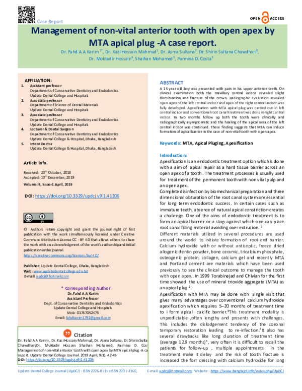 (PDF) Management of non-vital anterior tooth with open apex by MTA ...