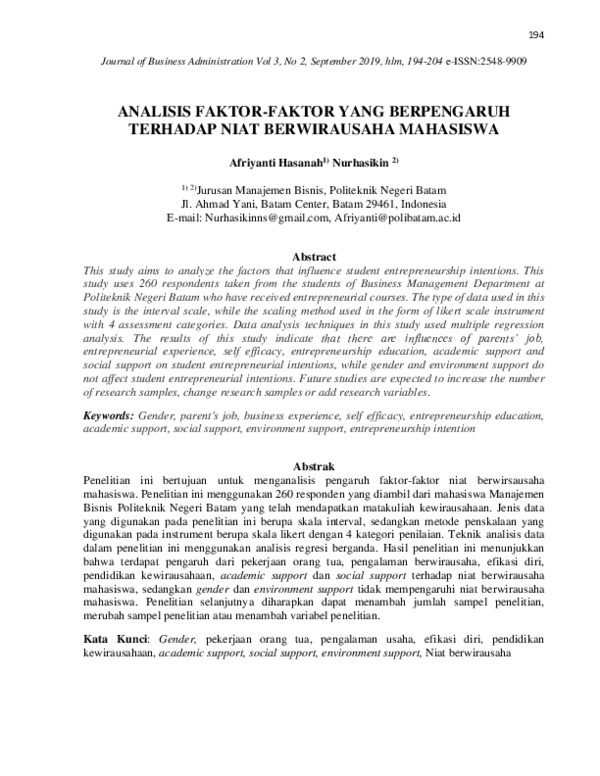 (PDF) Analisis Faktor-Faktor Yang Berpengaruh Terhadap Niat Berwirausaha Mahasiswa