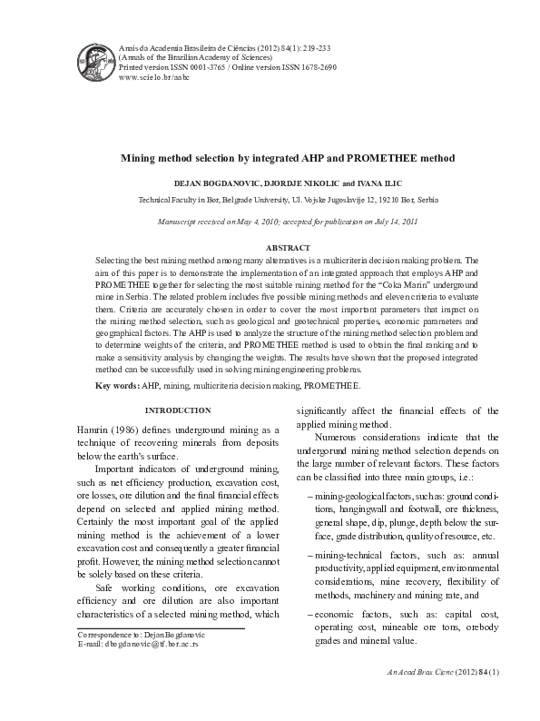 (PDF) Mining method selection by integrated AHP and PROMETHEE method