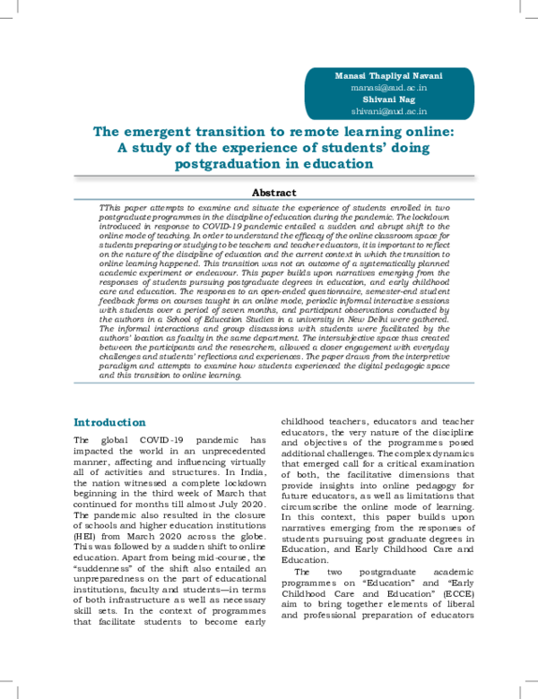 (PDF) The emergent transition to remote learning online: A study of the experience of students ...