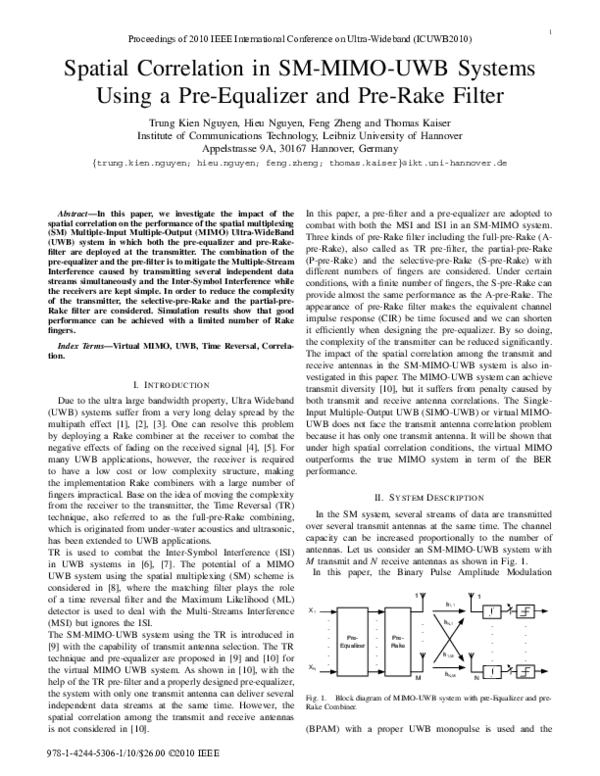 Pdf Spatial Correlation In Sm Mimo Uwb Systems Using A Pre Equalizer And Pre Rake Filter