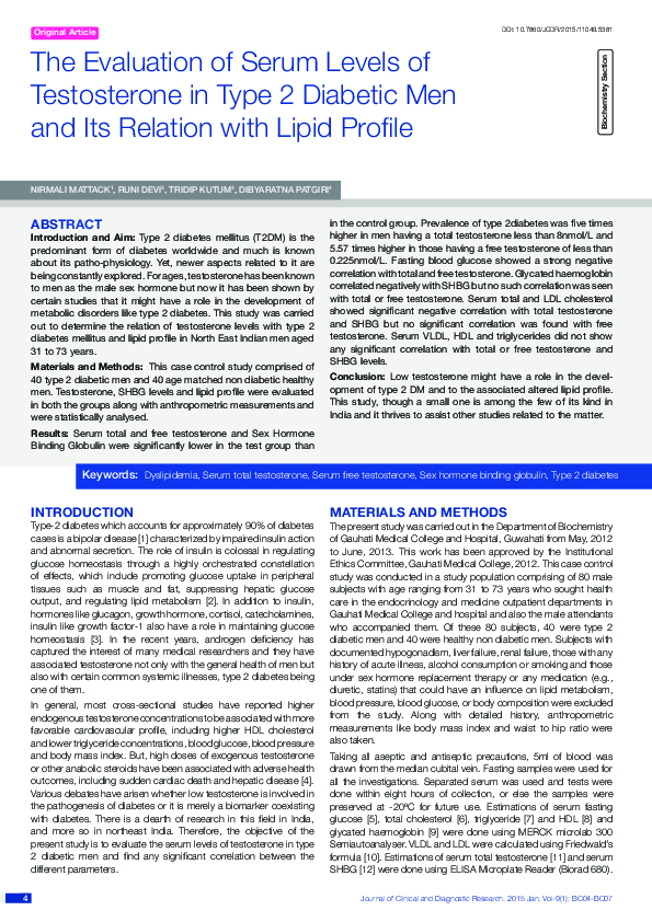 (PDF) The evaluation of serum levels of testosterone in type 2 diabetic ...
