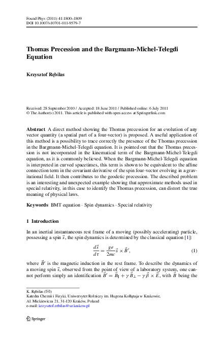 (PDF) Thomas Precession and the Bargmann-Michel-Telegdi Equation