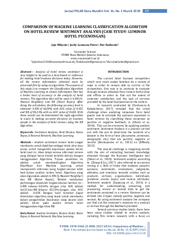 Pdf Comparison Of Machine Learning Classification Algorithm On Hotel Review Sentiment Analysis