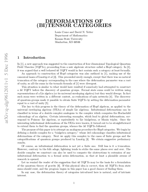 (PDF) Deformations of (Bi) tensor Categories | David Yetter - Academia.edu