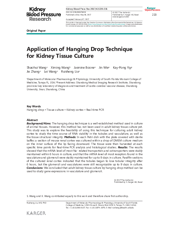 (PDF) Application of Hanging Drop Technique for Kidney Tissue Culture